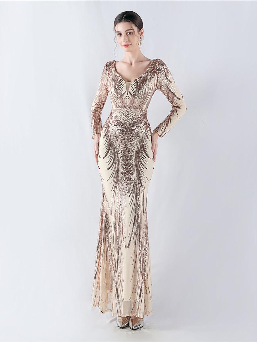 Missord Long Sleeve Sequin V-neck Backless Prom Dress MCW1000 Online Sale – MISS ORD