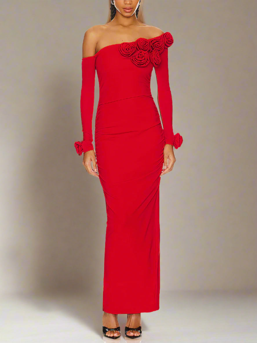 Red Off Shoulder Floral Sheath Maxi Dress MYT1001 – MISS ORD
