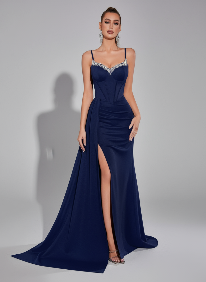 Navy Sweetheart Neck Corset Split Evening Dress XF05703 – MISS ORD