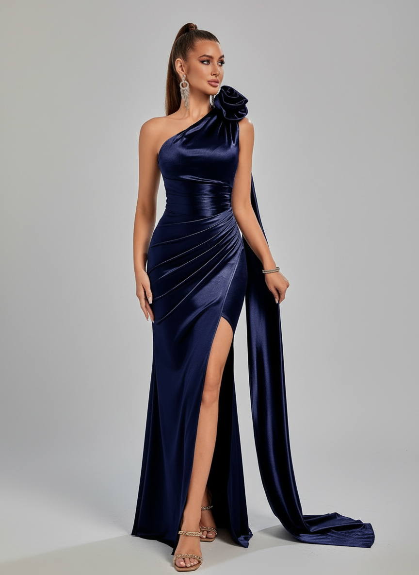 Navy One-Shoulder Floral Draped Prom Dress XF250122 – MISS ORD