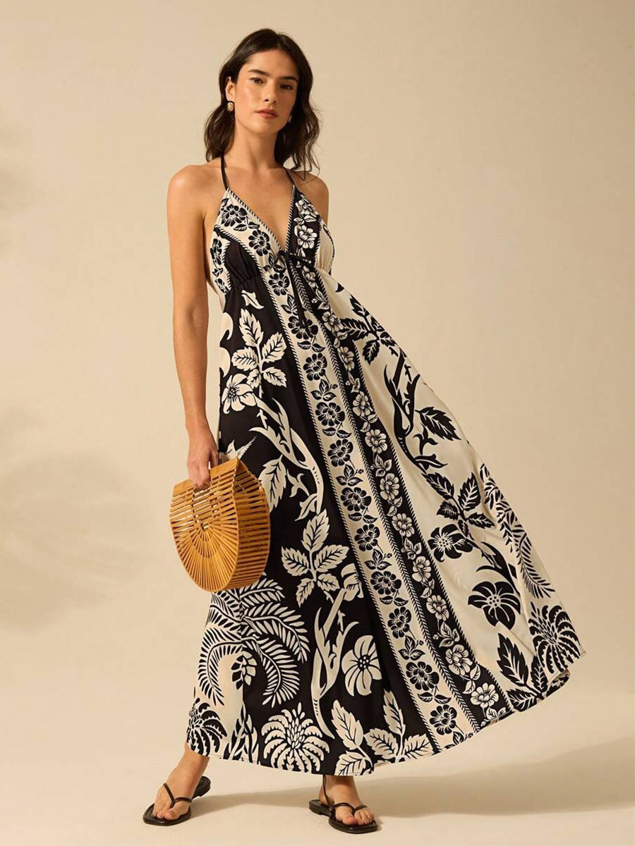 Color-block Floral Halter Loose Vacation Dress YF25526 – MISS ORD