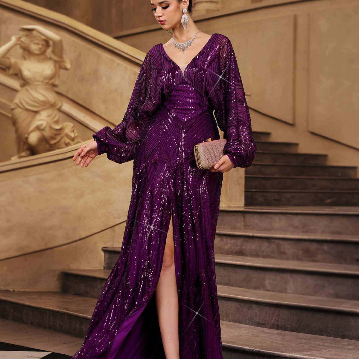 Purple Sequin Loose V-neck Prom Dress MES72183 – MISS ORD