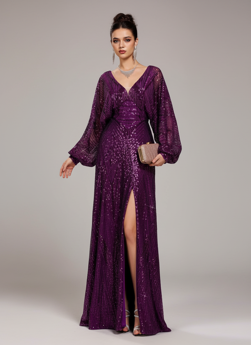 Purple Sequin Loose V-neck Prom Dress MES72183 – MISS ORD