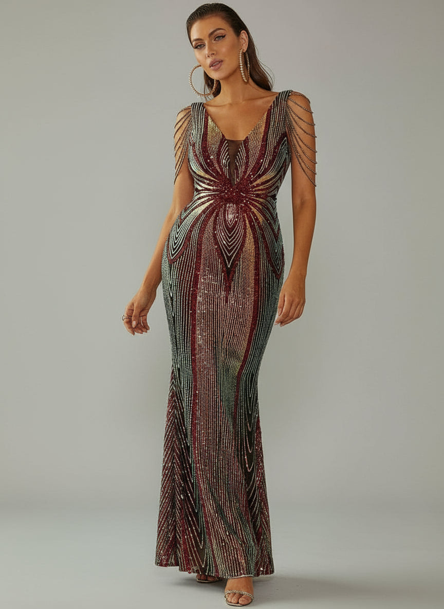 V Neck Elegant Multicolor Maxi Sequin Prom Dress M02092 - MISS ORD